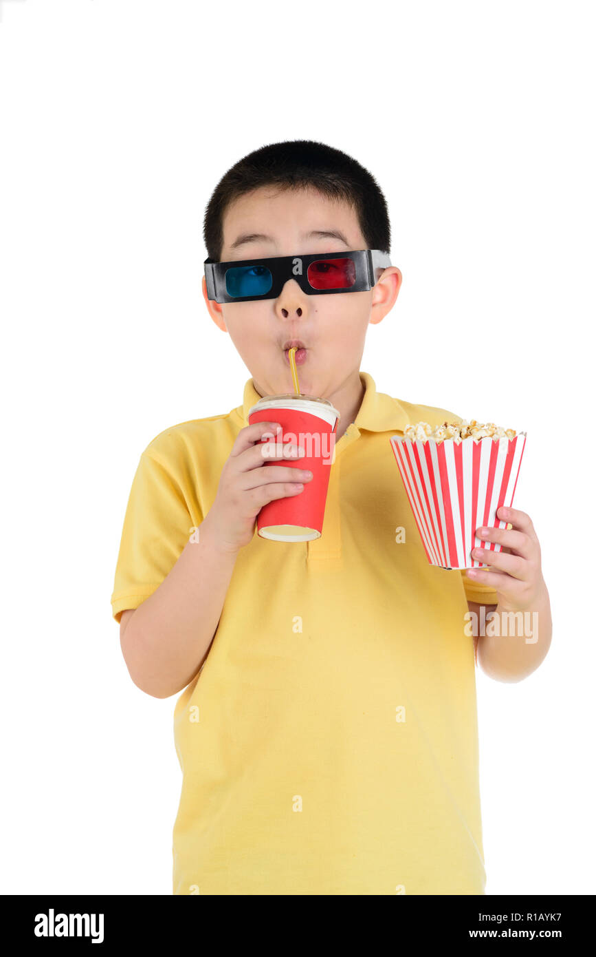 Isolated on a white background Asian Boy Movie popcorn Stock Photo - Alamy