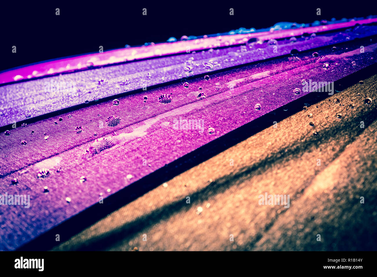Raindrops on a colorful umbrella with all the colors of the rainbow ...