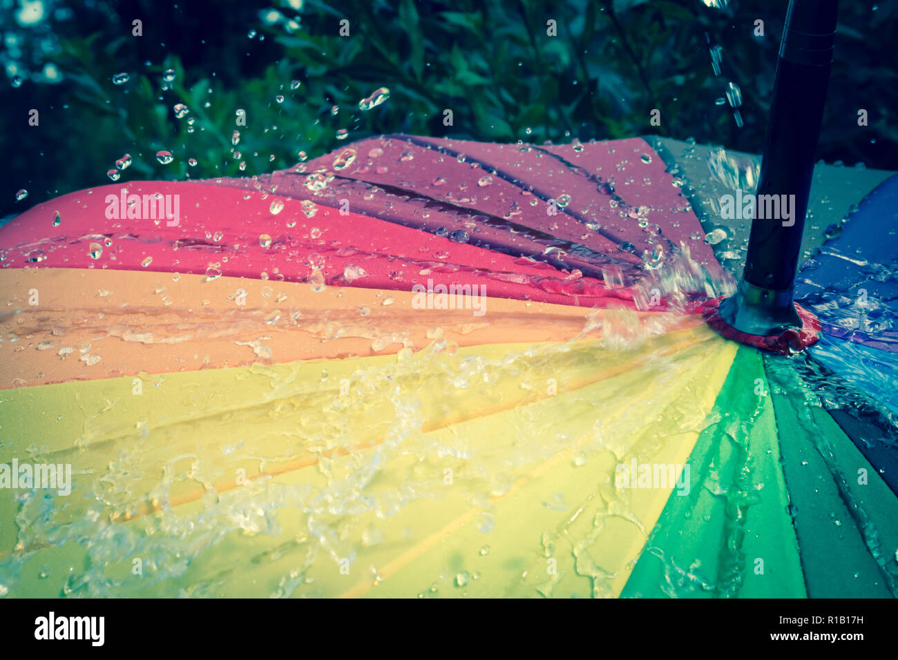 Raindrops on a colorful umbrella with all the colors of the rainbow ...