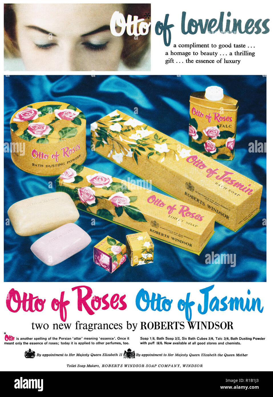 1957 British advertisement for Otto Of Roses toiletries by Roberts ...