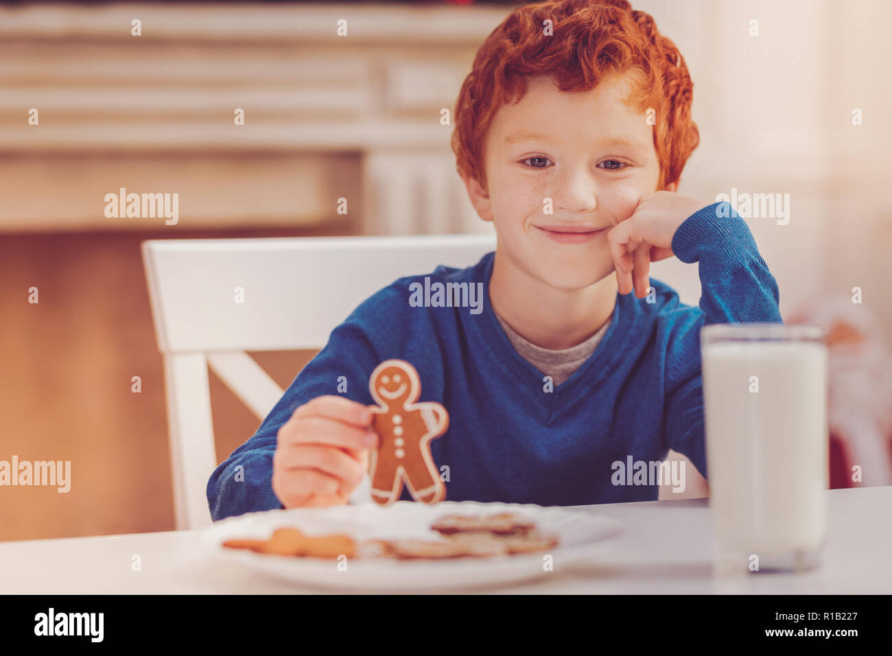 Cute boy posing while holding gingerbread man Stock Photo - Alamy