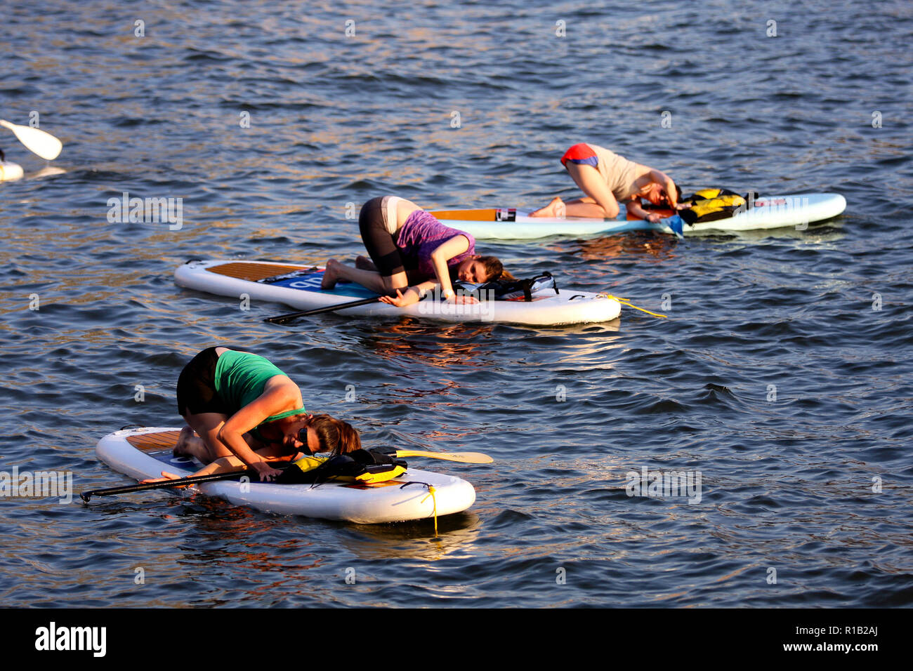 Paddleboard yoga class on the Hudson river in New York City Stock Photo ...