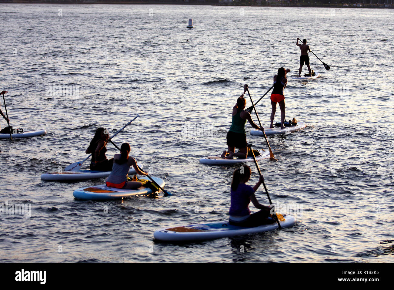 Paddleboard yoga class on the Hudson river in New York City Stock Photo ...