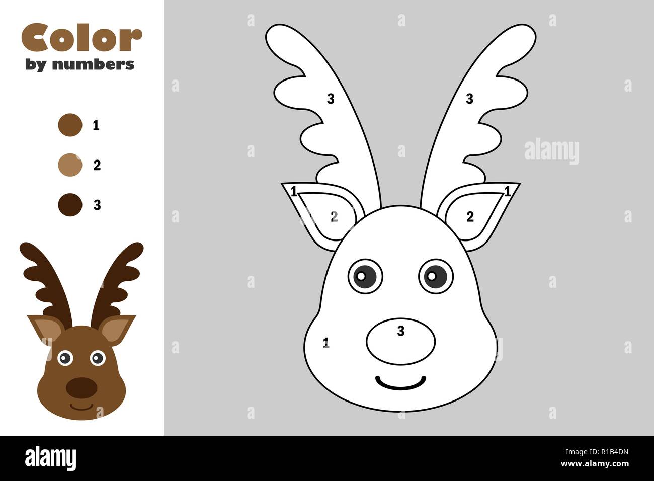 Deer in cartoon style, color by number, christmas education paper game ...