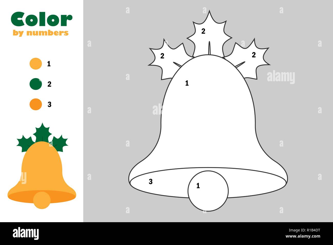 Bell in cartoon style, color by number, christmas education paper game ...