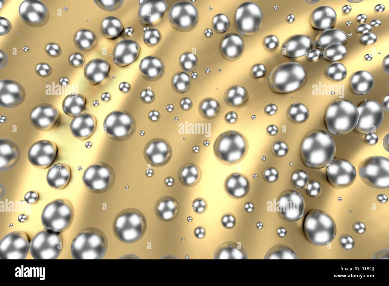 Silver or white gold platinum spheres over metal yellow wave background ...