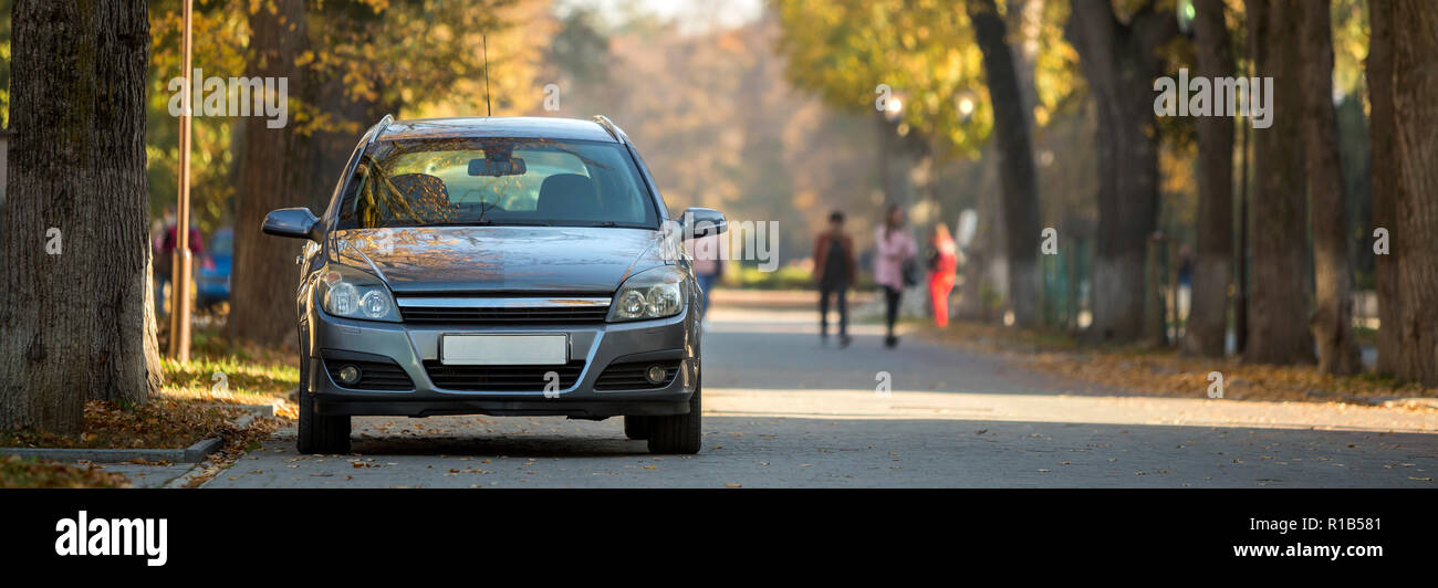Front view of gray shiny empty car parked in quiet area on asphalt road ...