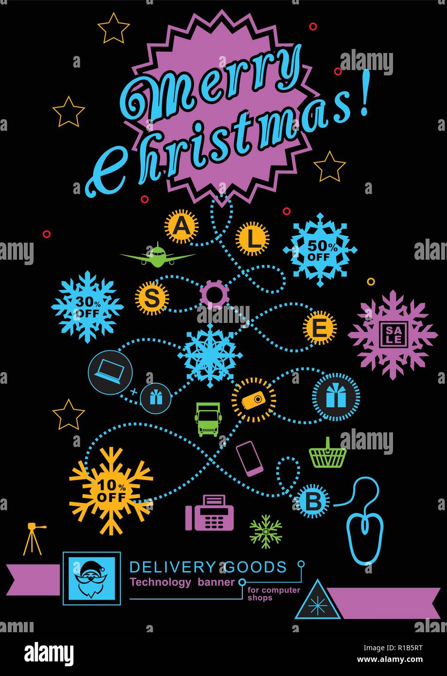 Pathway in the shape of christmas tree. Bright neon christmas logistics ...