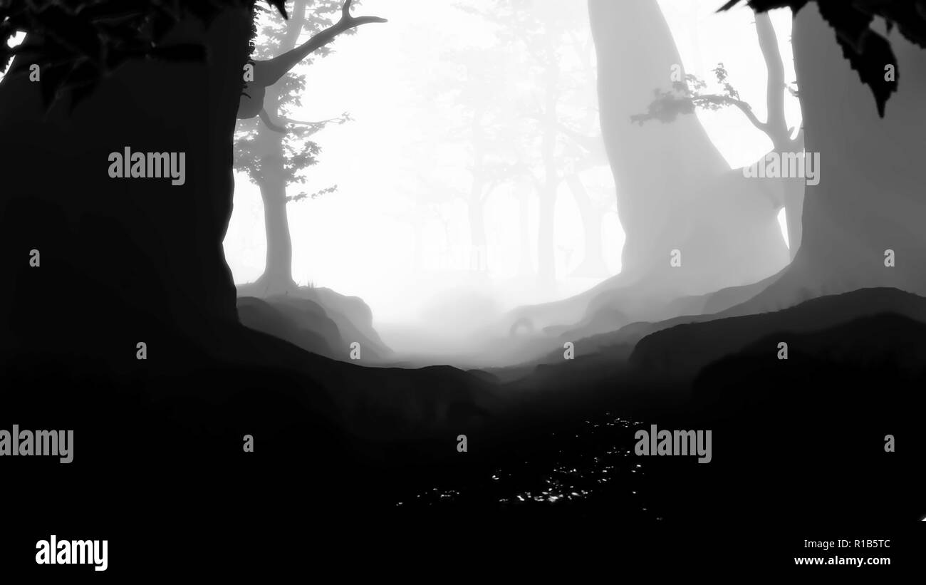 path through spooky forest, old trees in the woods, fantasy landscape ...