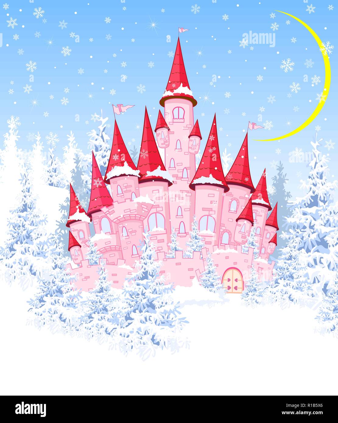 Cartoon pink castle on the background of winter snow-covered forest ...