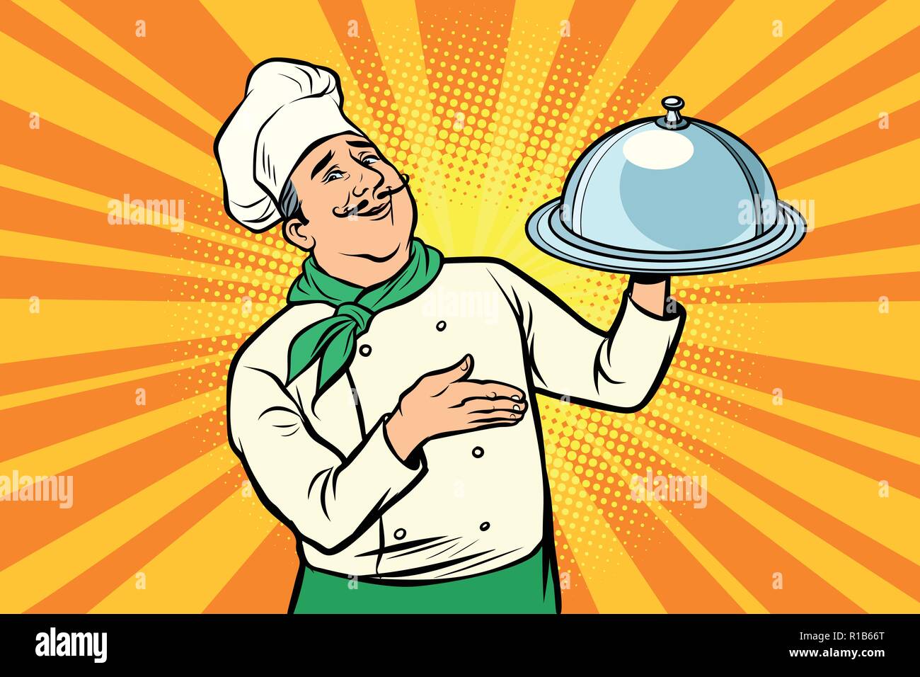 chef with tray with lid. Comic cartoon pop art retro vector ...
