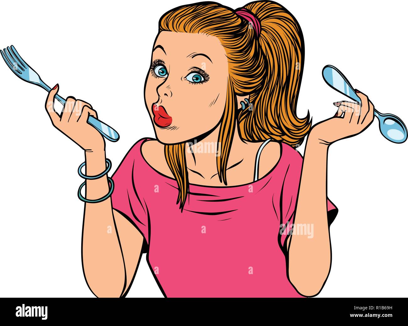 woman with fork and spoon. Comic cartoon pop art retro vector ...