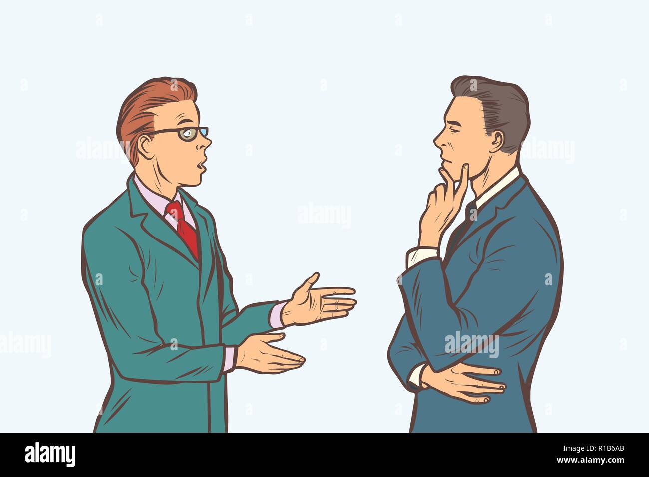 two businessmen brainstorming. collaboration teamwork. Comic cartoon ...