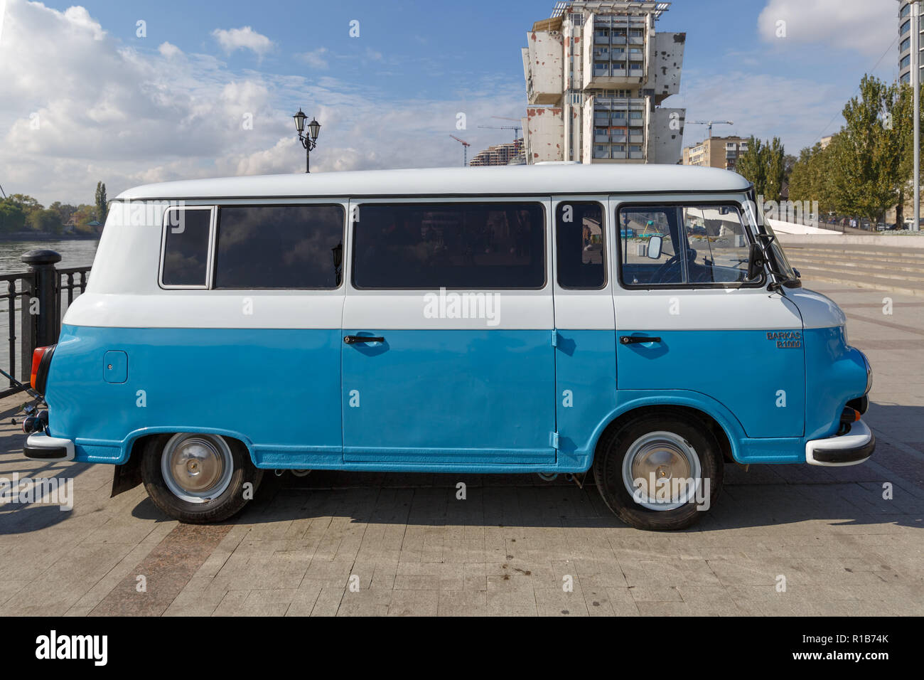 ROSTOV-ON-DON, RUSSIA, 07 OCTOBER 2017: Cyan retro minivan Barkas B1000 ...