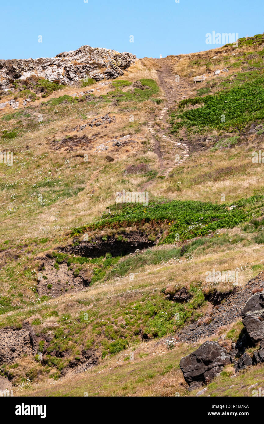 The South West Coast Path climbing up Pendeen Old Cliff, Cornwall, UK ...