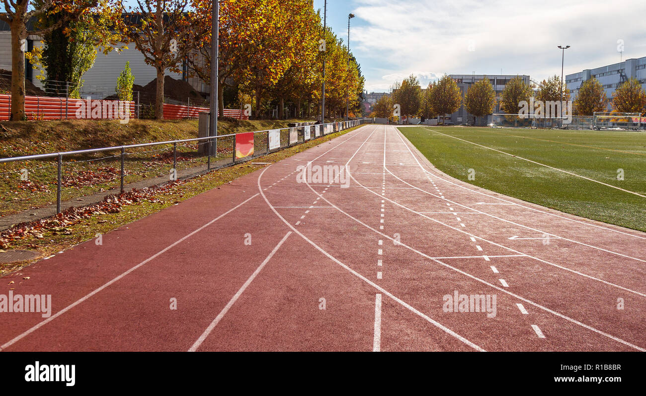 Running Track In A Sports Stadium. Autumn Scene Stock Photo - Alamy