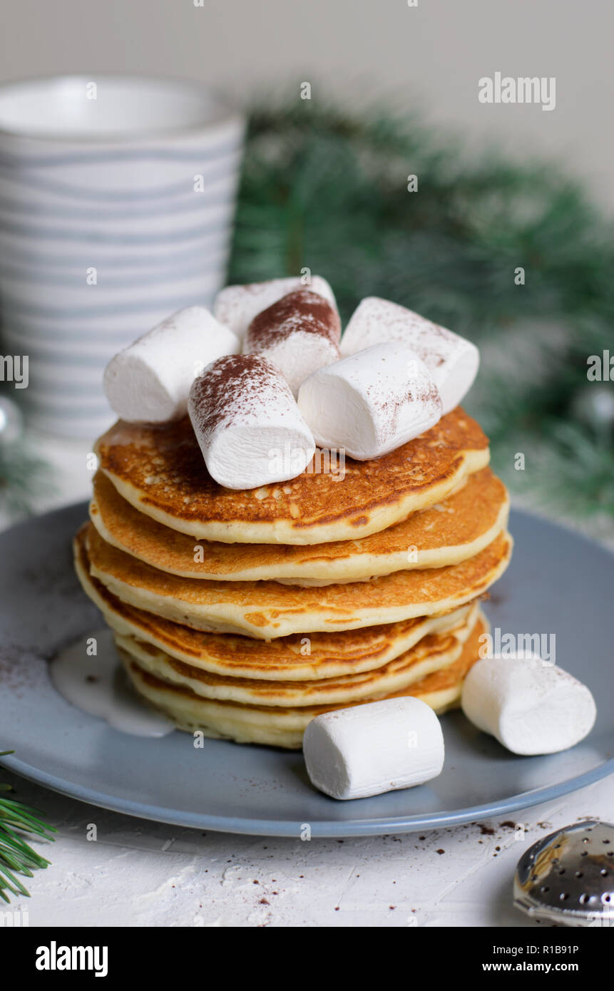 Pancakes with Marshmallow on White Winter Background, Christmas Dessert ...
