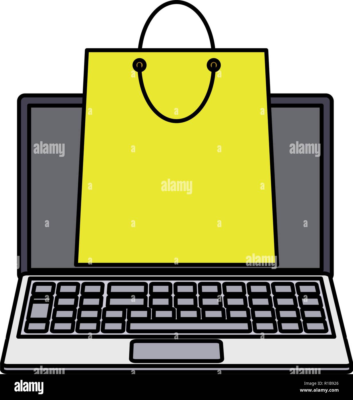 laptop computer and shopping bag over white background, vector ...