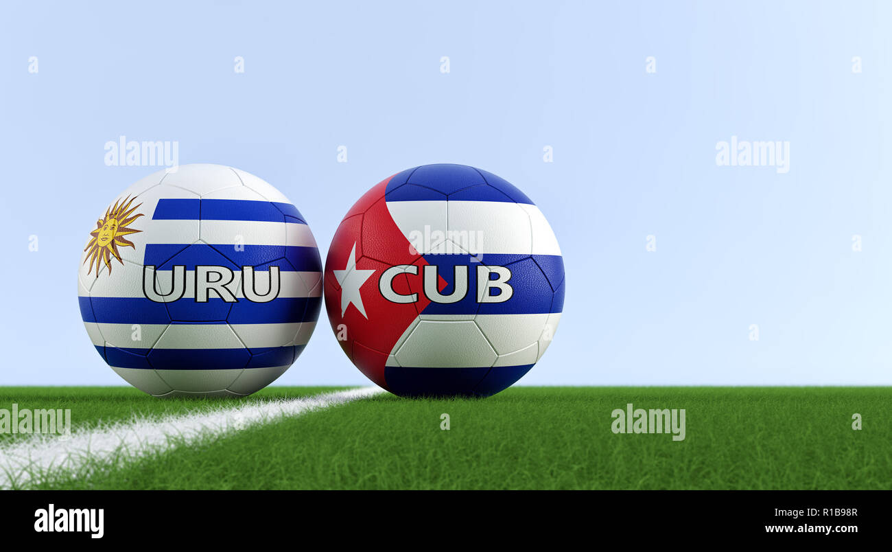 Uruguay vs. Cuba Soccer Match - Soccer balls in Uruguay and Cuba national colors on a soccer ...