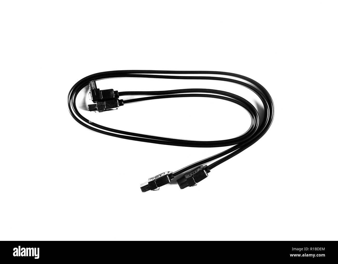 black computer cable SATA 6Gbs isolated on white background closeup top ...