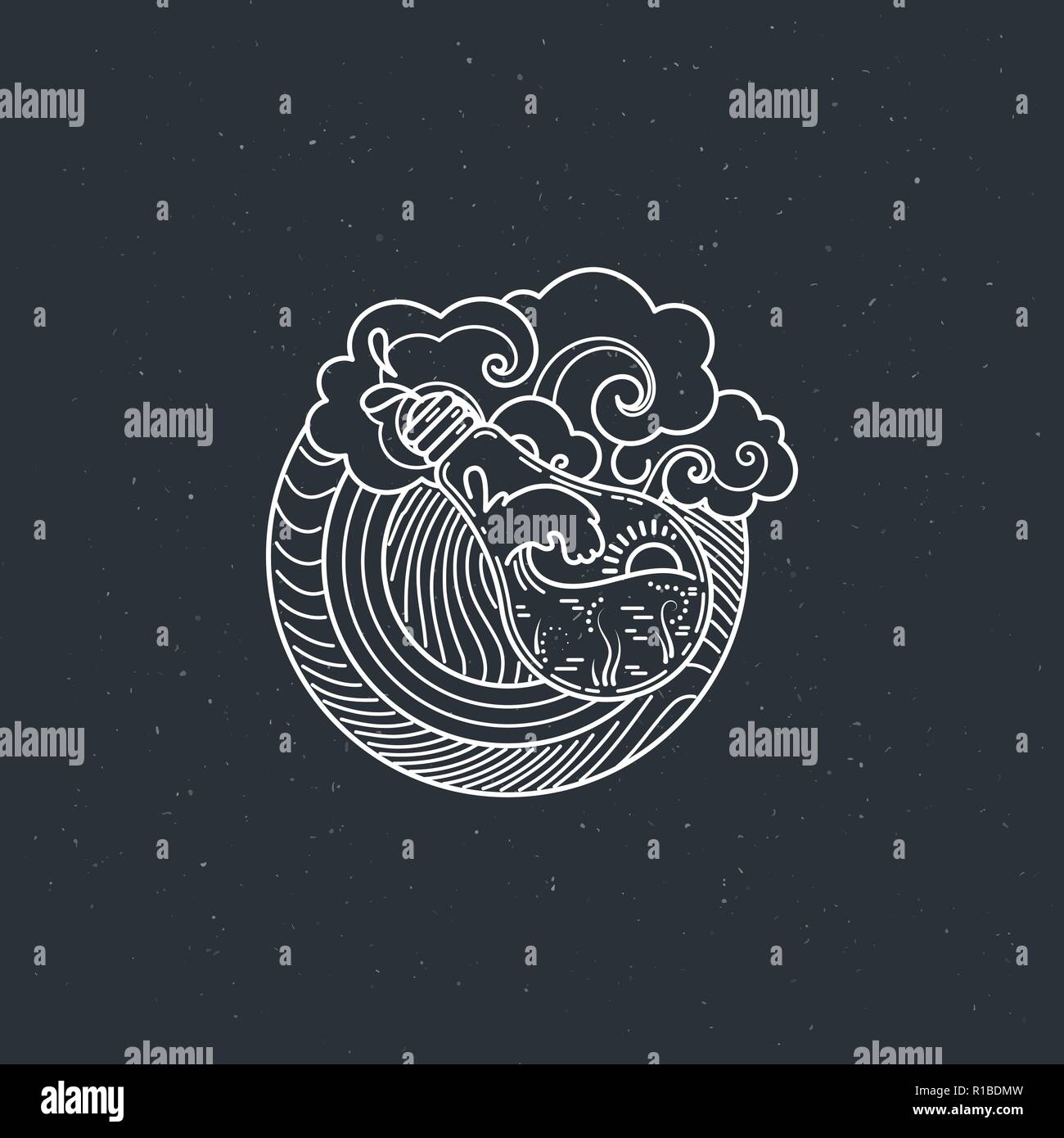 Vintage illustration of thin line magic bulb with ocean. Vector graphic ...