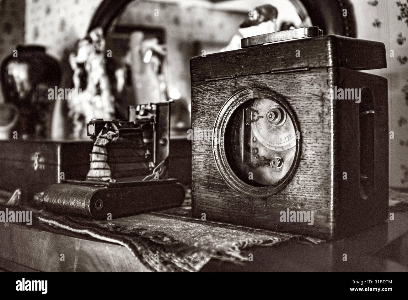 Wooden racing pigeon clock at a museum October 20178 Stock Photo - Alamy