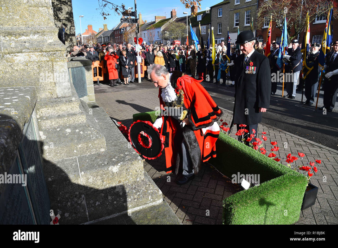 Bridport, Dorset, UK. 11th November 2018. Mayor of Bridport Cllr Barry ...
