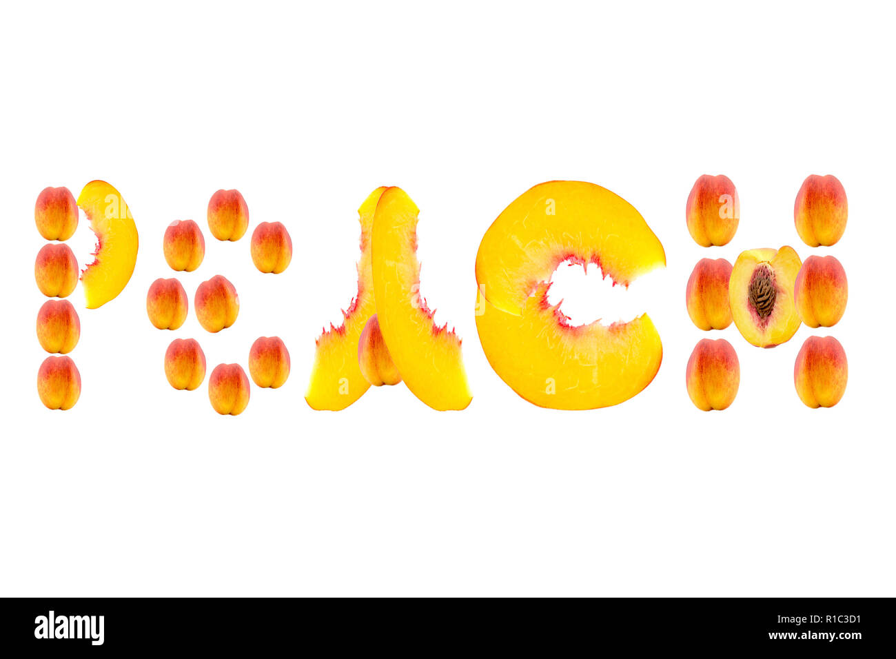 Word peach lined parts of sliced peach fruit isolated on white ...