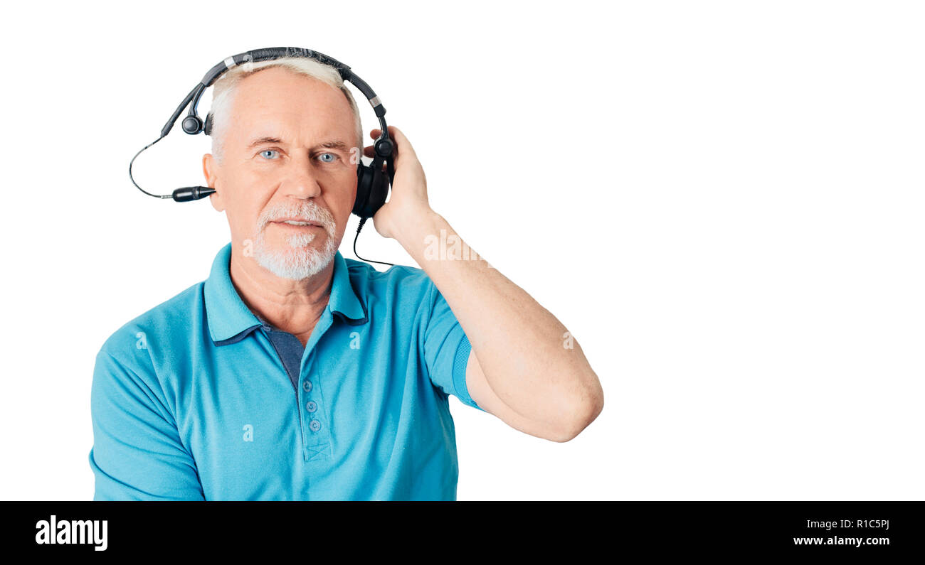 Senior ear test isolated on white background Stock Photo - Alamy