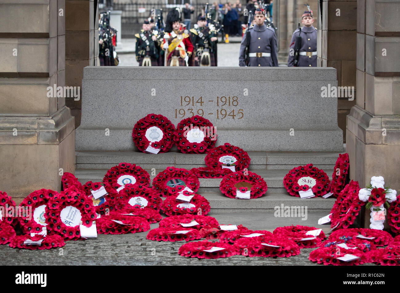 Poppy wreaths laid at the Stone of Remembrance at the City Chambers ...