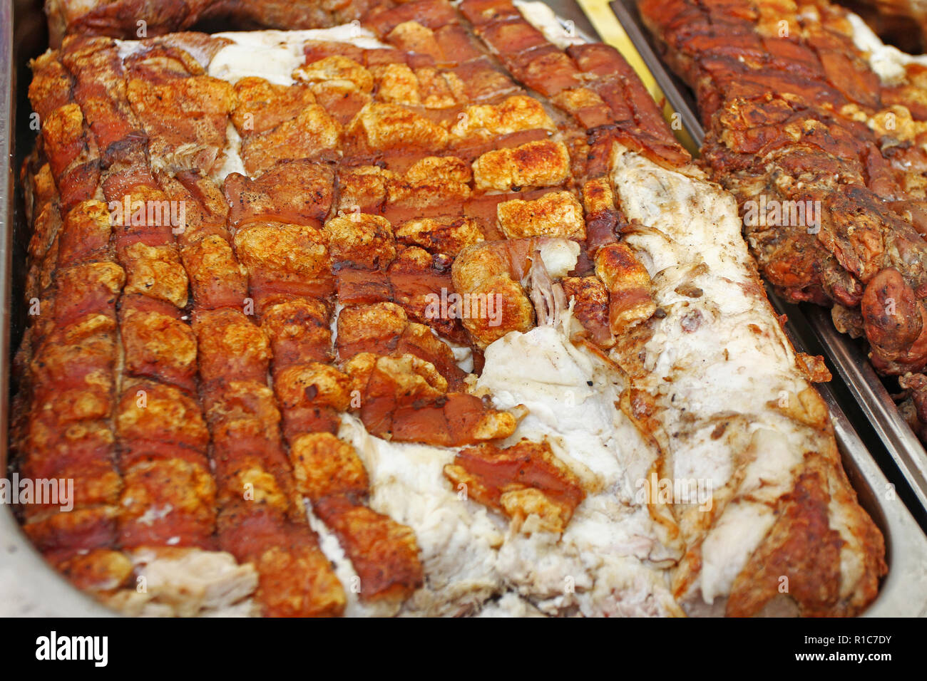 Texture and pattern of roasted pig meat. Swine skin roasted on a grill ...