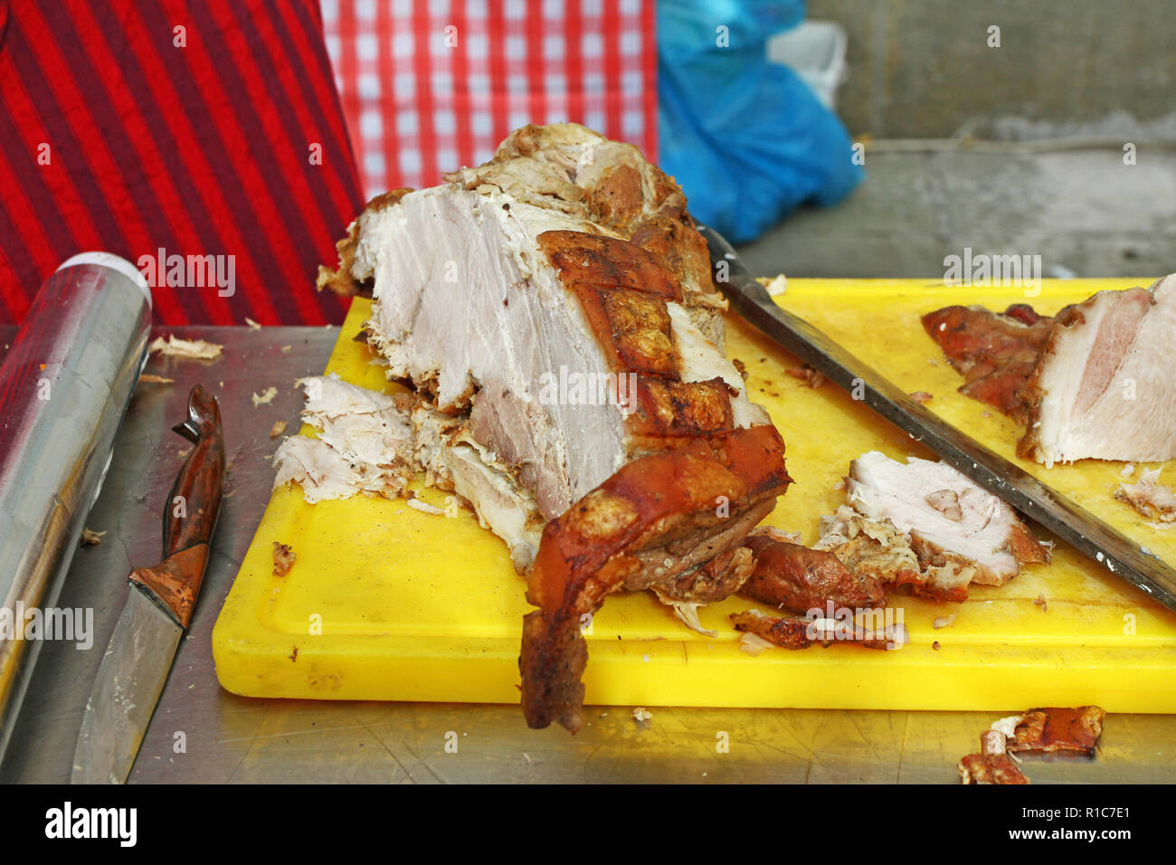 Texture and pattern of roasted pig meat. Swine skin roasted on a grill ...