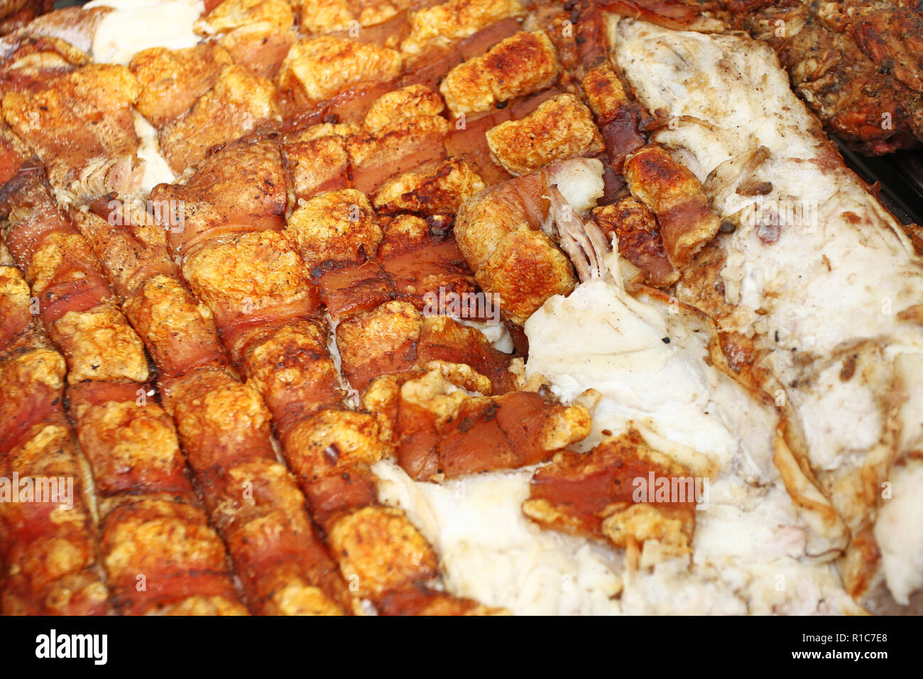 Texture and pattern of roasted pig meat. Swine skin roasted on a grill ...