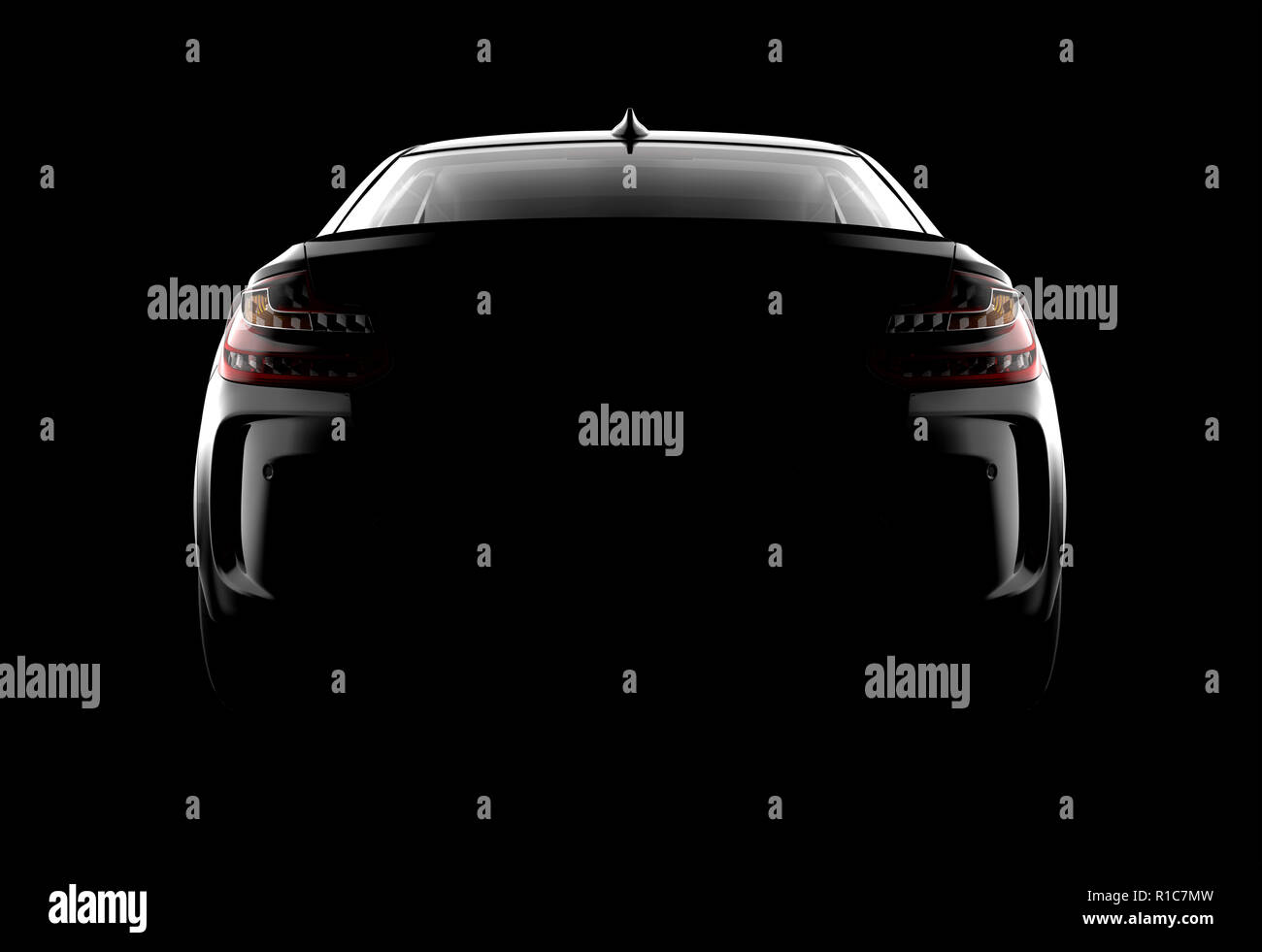 Back view of a generic and brandless modern black car on a dark ...