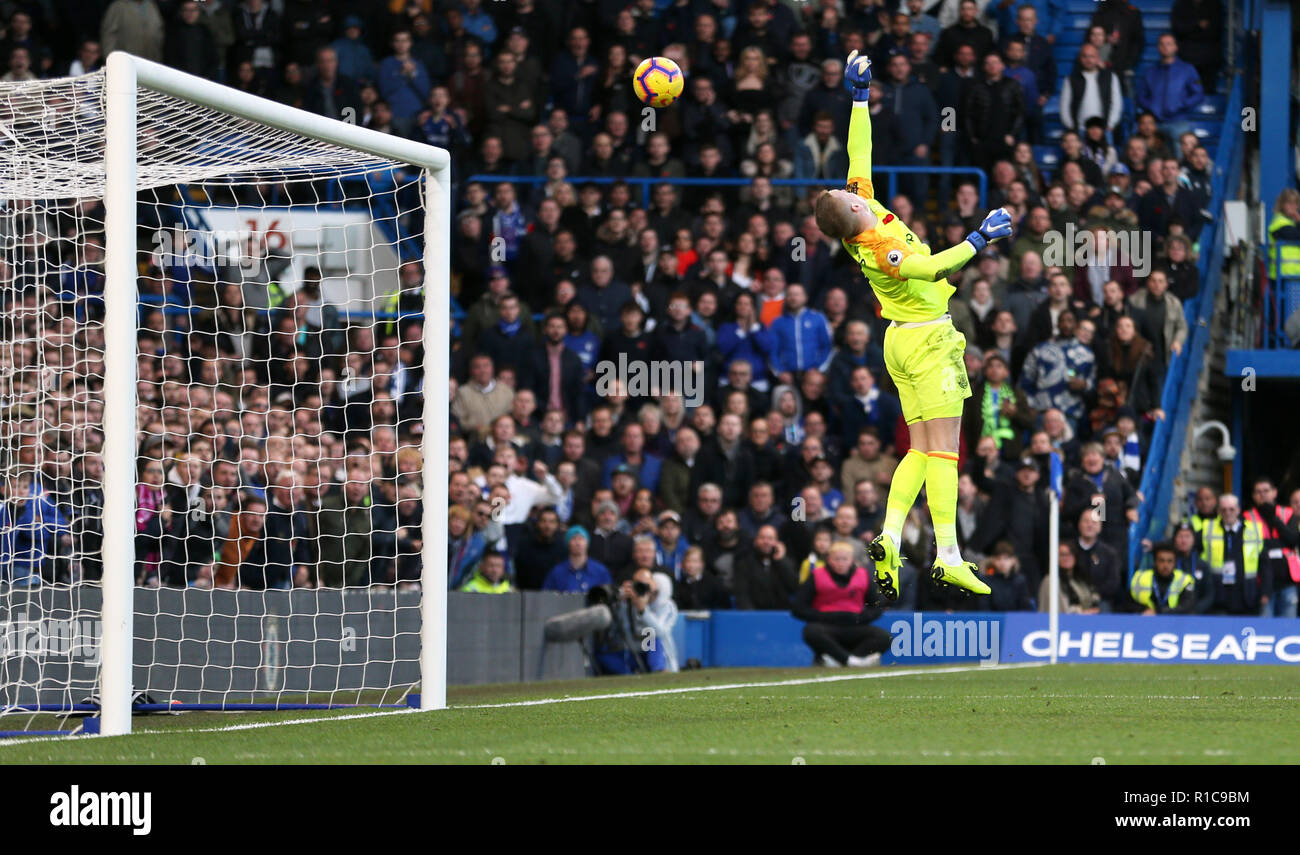 Everton goalkeeper Jordan Pickford makes a save during the Premier ...
