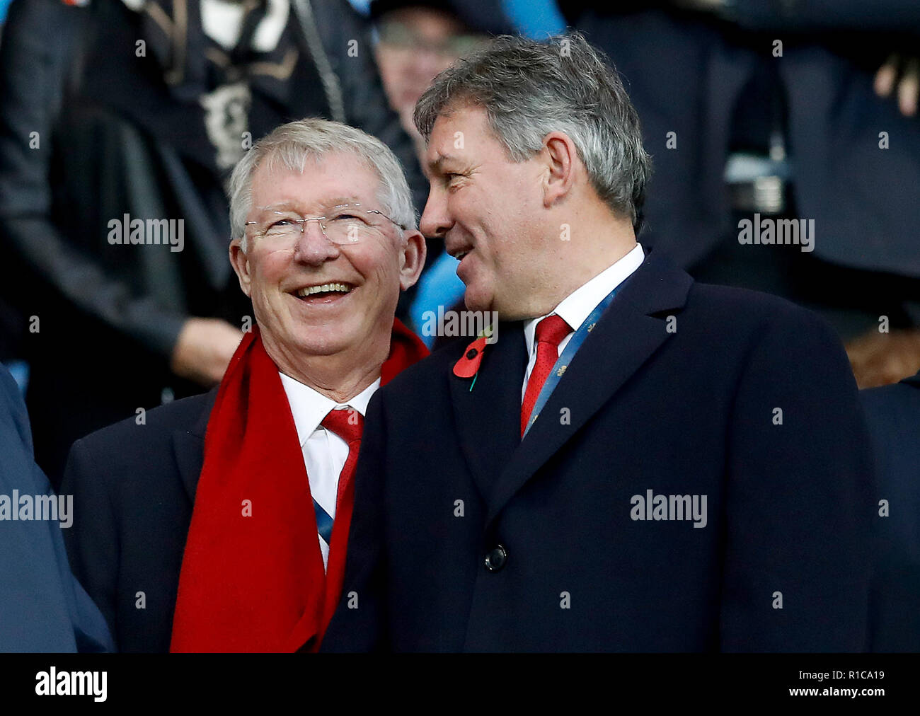 Sir Alex Ferguson (left) and Bryan Robson in the stands during the ...