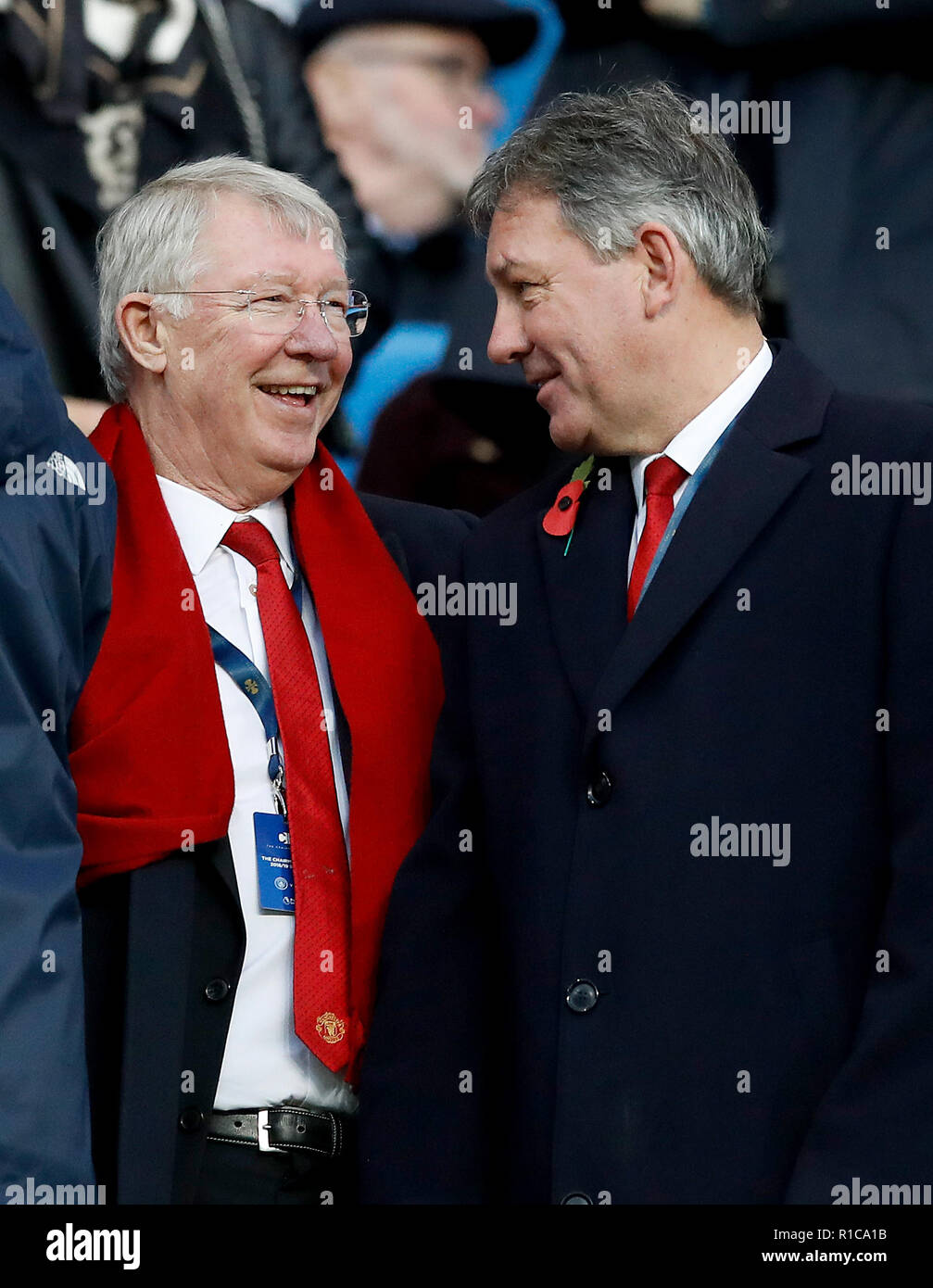 Sir Alex Ferguson (left) and Bryan Robson in the stands during the ...
