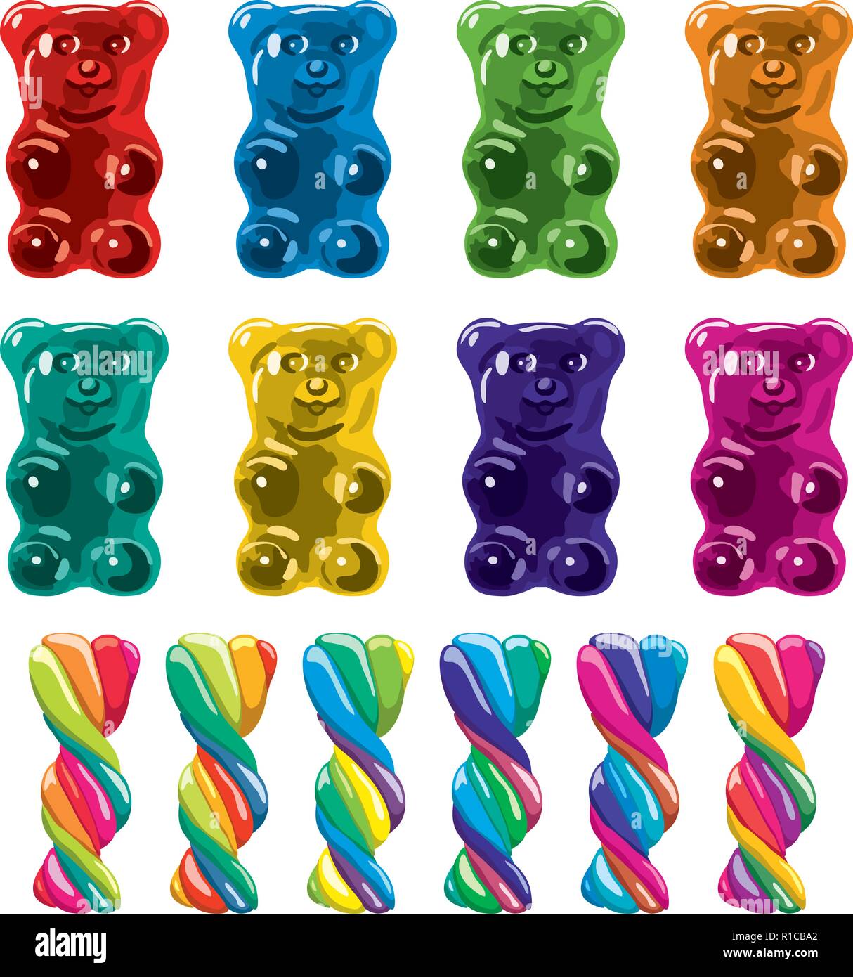 vector gummy bear candies and twisted lollies isolated on white ...