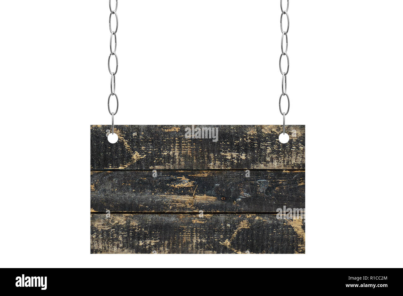 The wooden plaque from the shabby black boards hangs on a metal chain ...