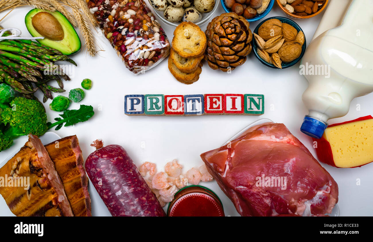 Food high in protein isolated on white background with text Stock Photo ...