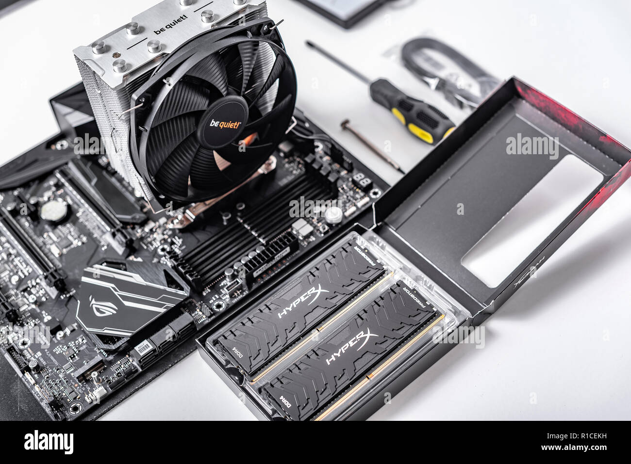 Motherboard, with installed cooler and RAM. Build a PC Stock Photo - Alamy