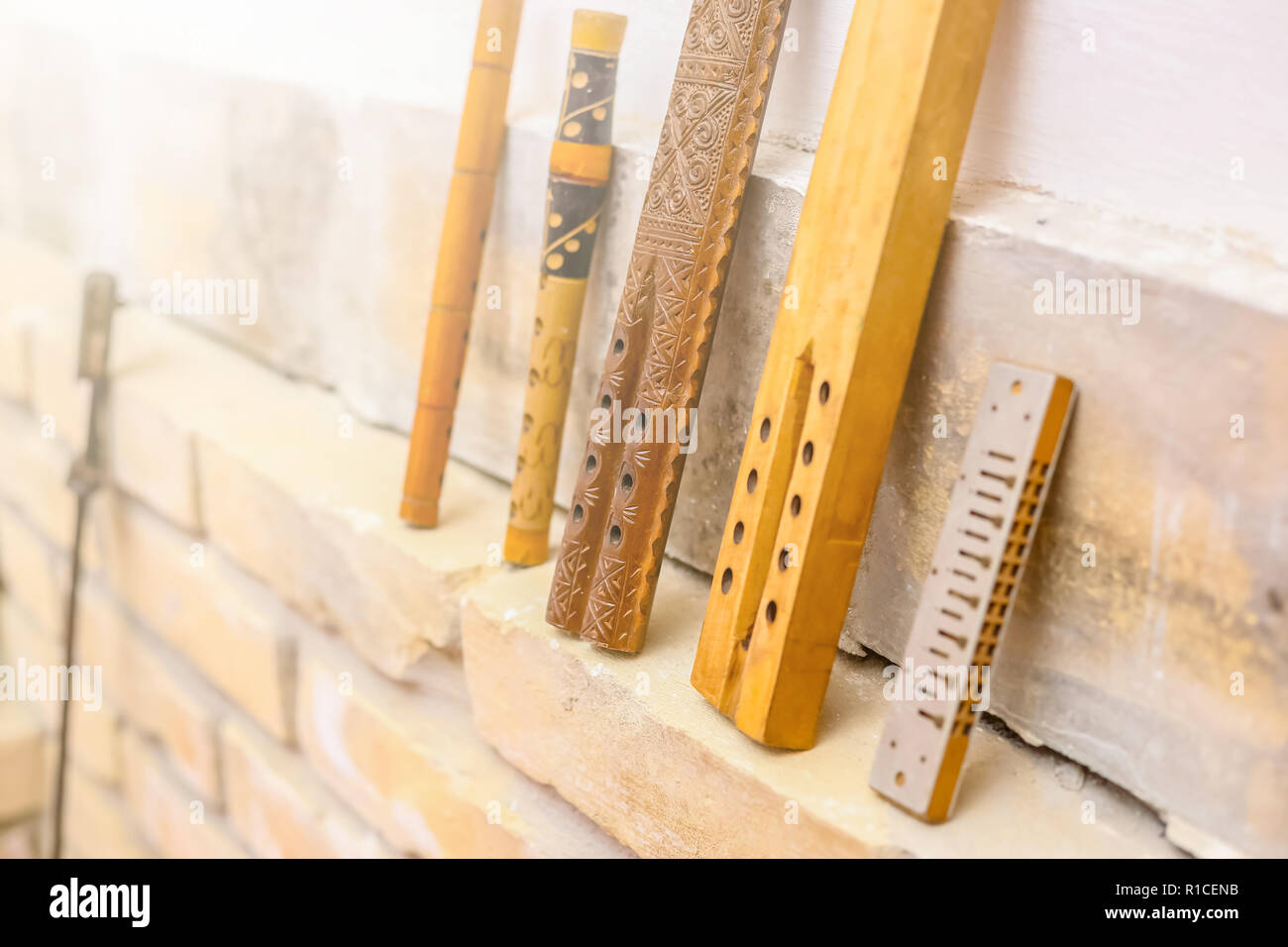 Traditional Serbian wooden frula on wall. Traditional Serbian music ...