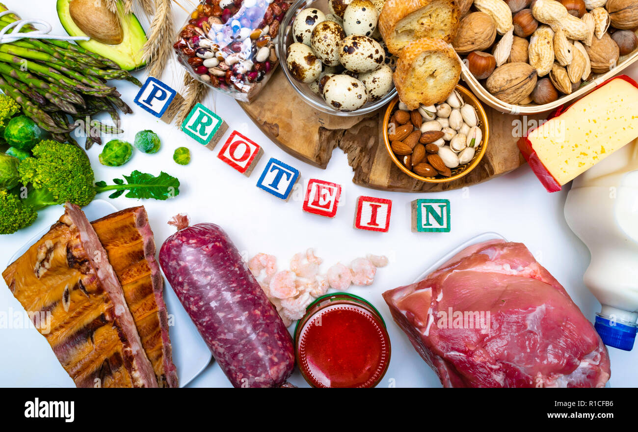 High protein foods as meat, caviar, shrimps, vegetables, nuts, eggs ...