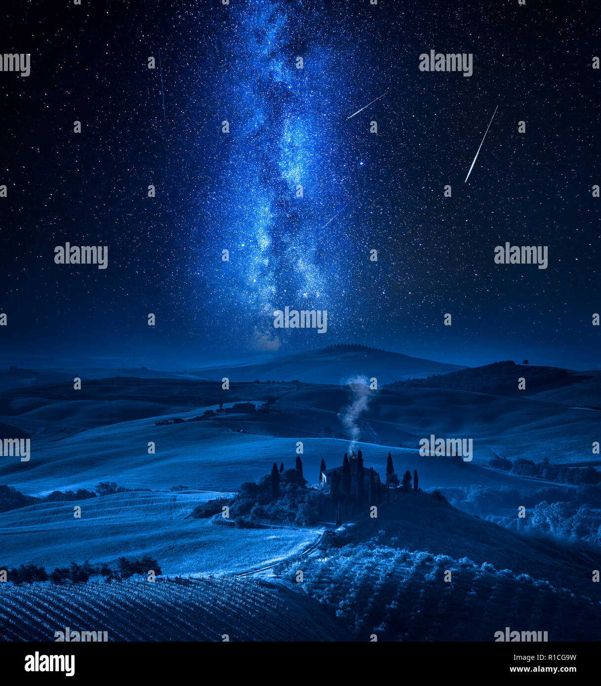 Milky way over farm of olive groves and vineyard, Tuscany Stock Photo ...