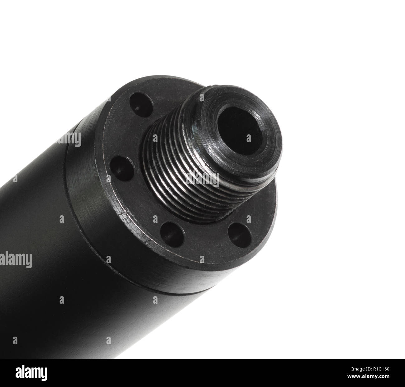 Gun barrel threads designed to hold a muzzle device isolated on white ...