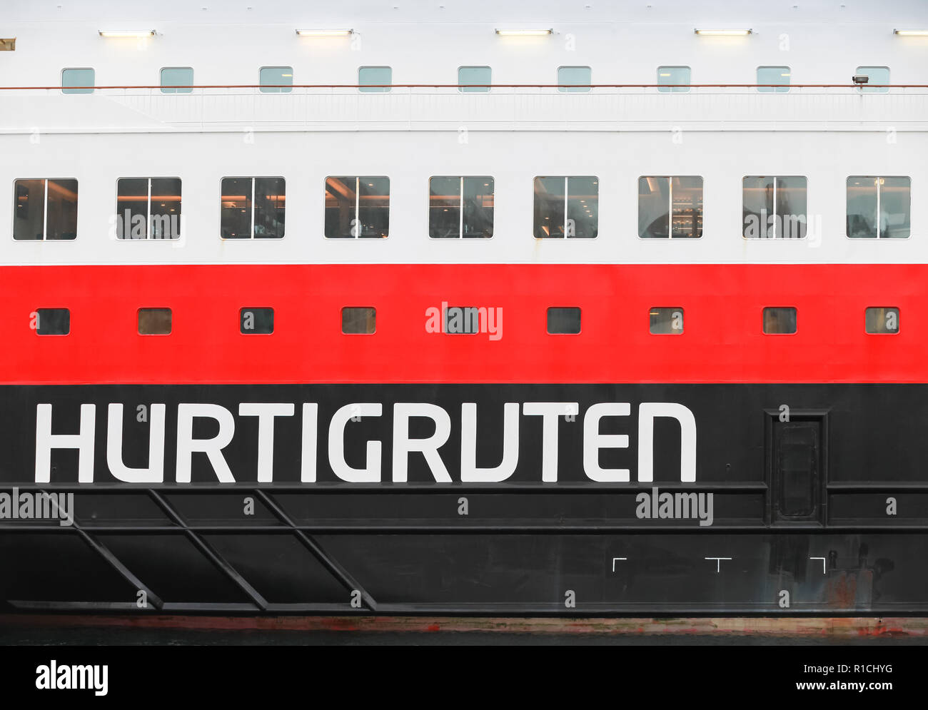Bergen, Norway - December 14, 2017: Hurtigruten, label on hull of ...