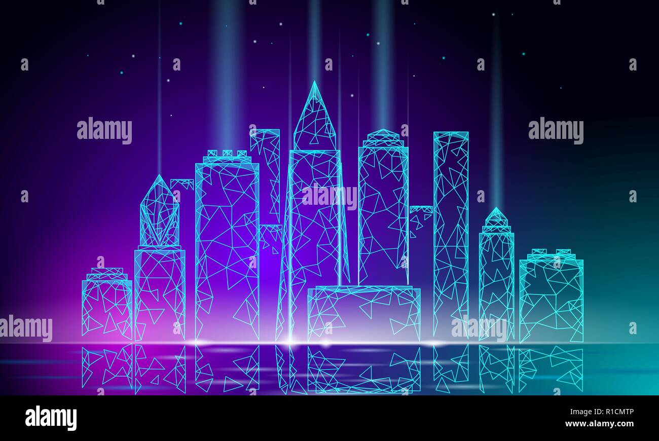 Neon glow smart city 3D polygonal wire mesh. Intelligent building ...
