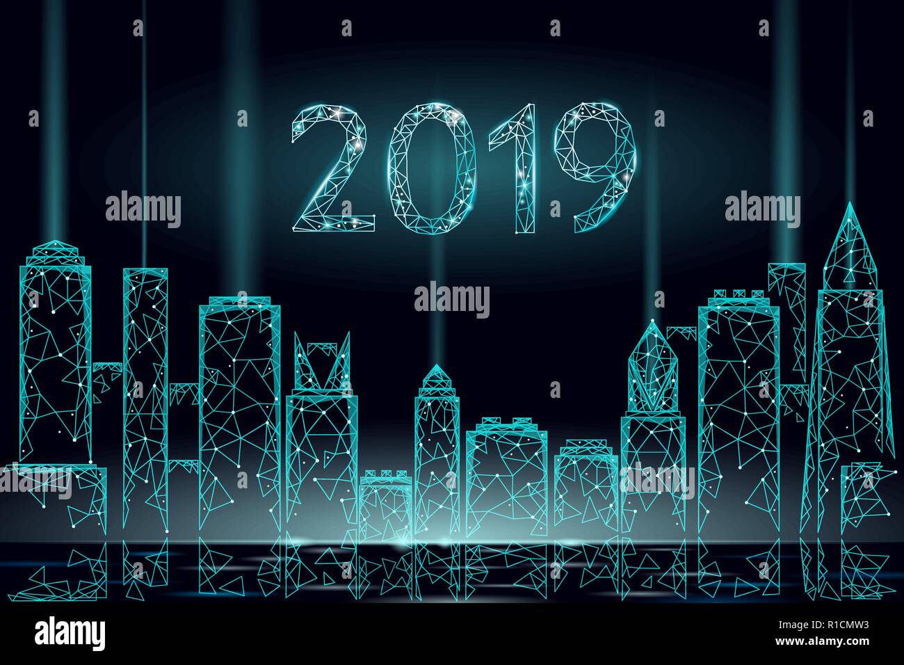 Modern skyscraper holiday Christmas cityscape. New Year 3D polygonal ...