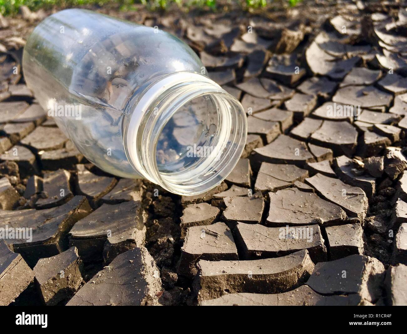 Empty bottle on dry ground at hot, arid day. Water deficit concept ...