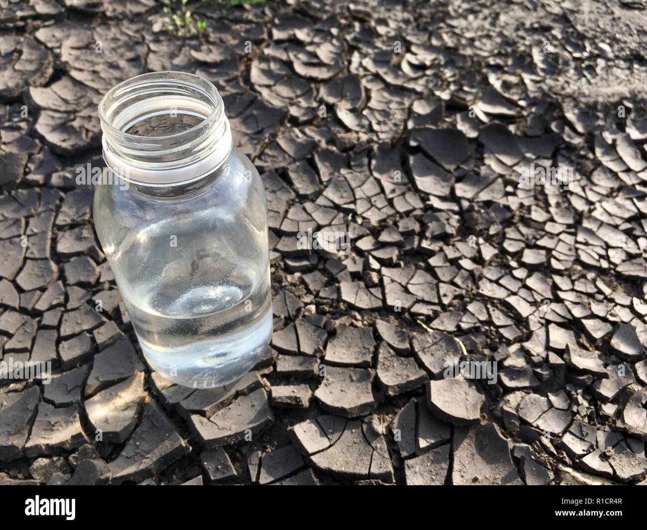 Bottle with water on dry ground at hot, arid day. Water deficit concept ...